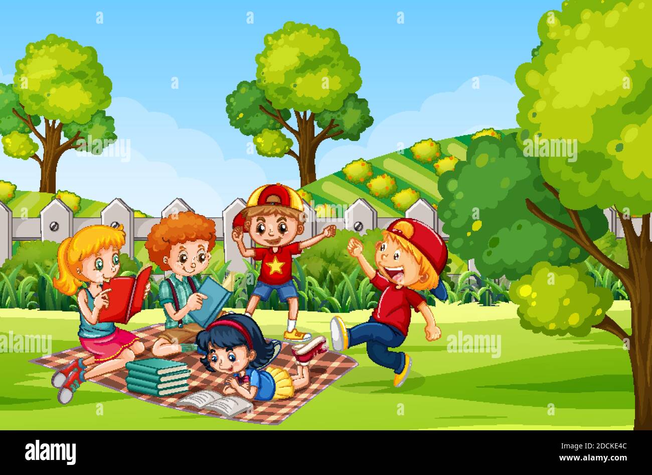 Kids reading books at the yard illustration Stock Vector Image & Art ...