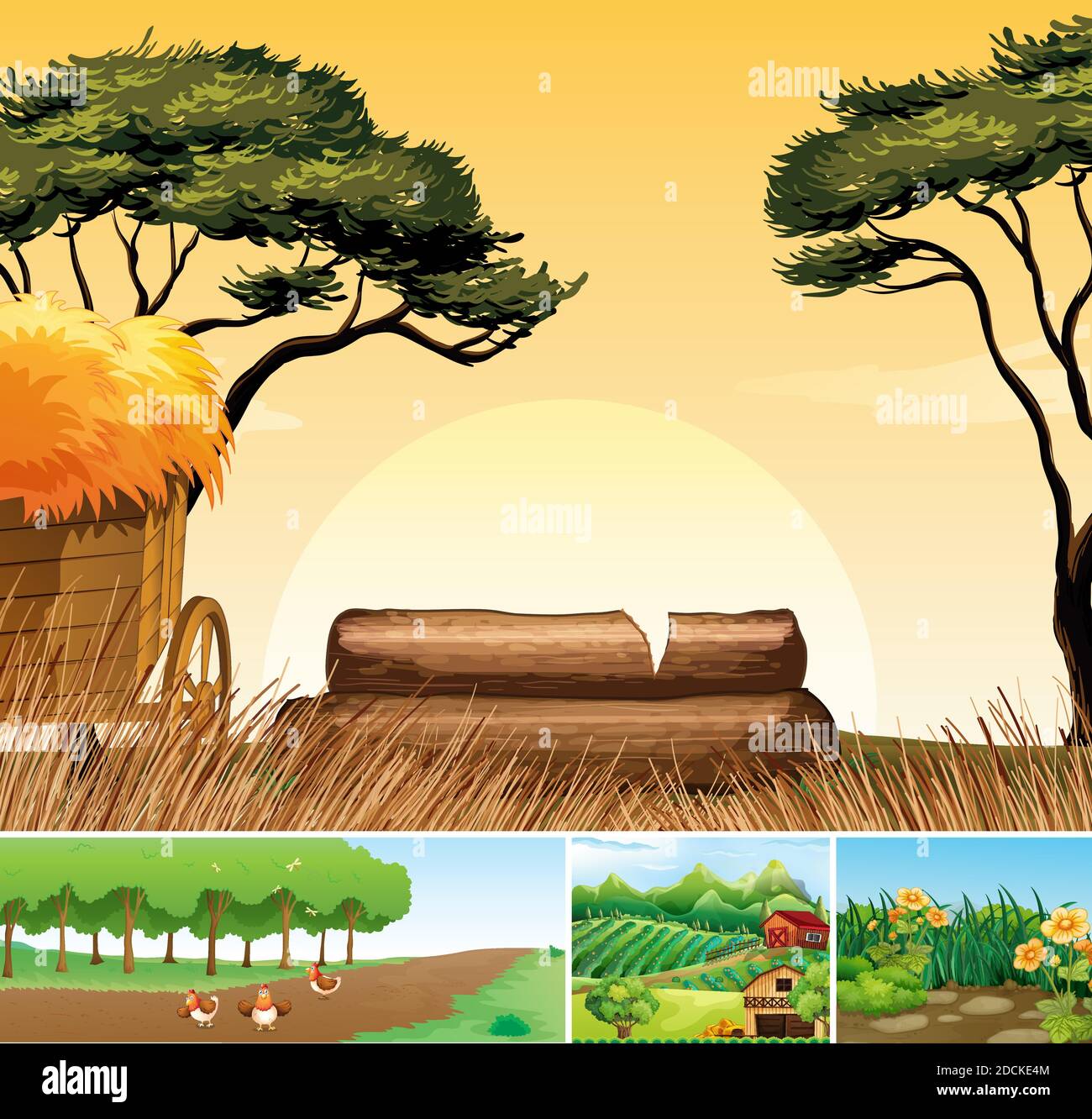 Set of different farm scenes cartoon style illustration Stock Vector ...