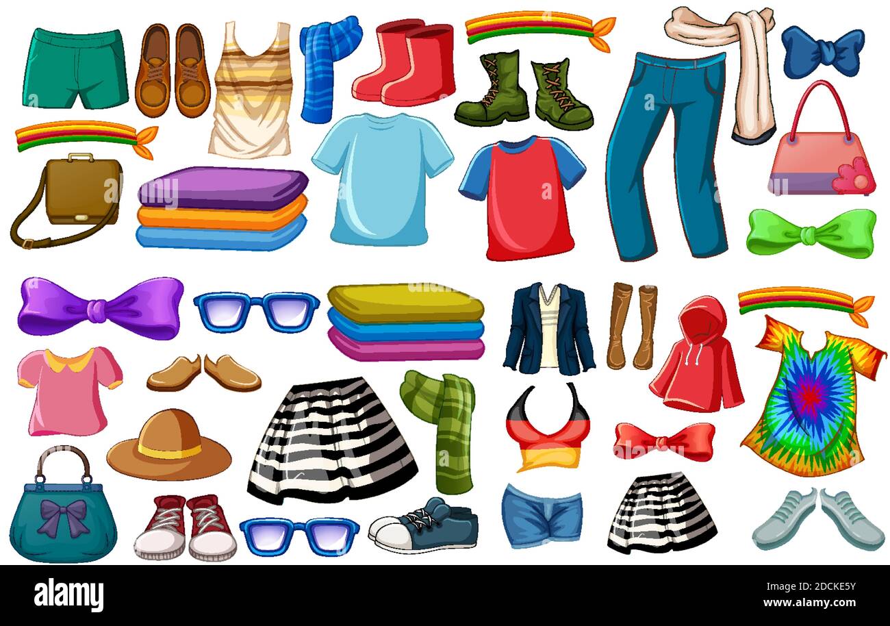 Set of fashion outfits and accessories on white background illustration ...