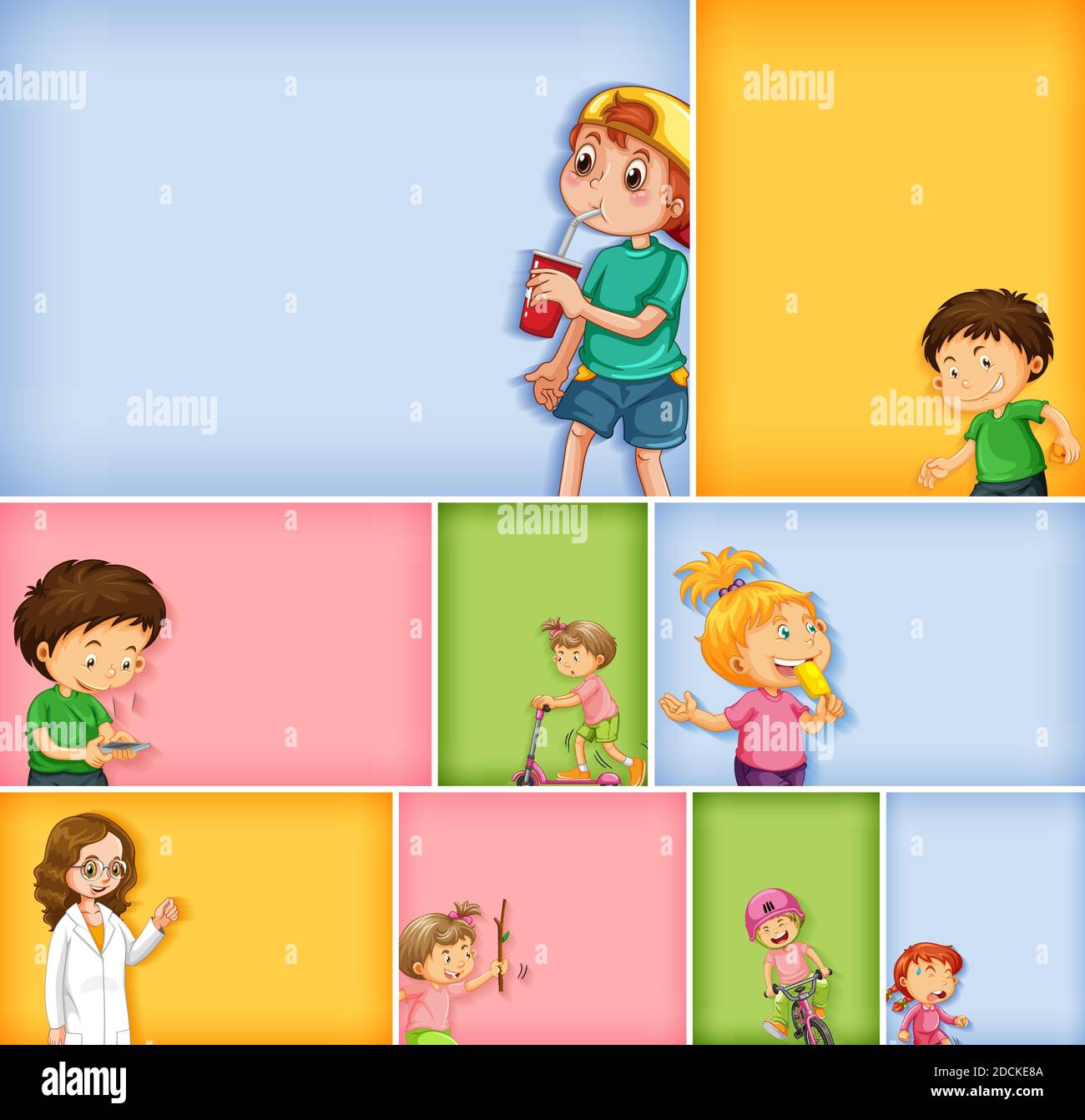 Set of different kid characters on different color background ...