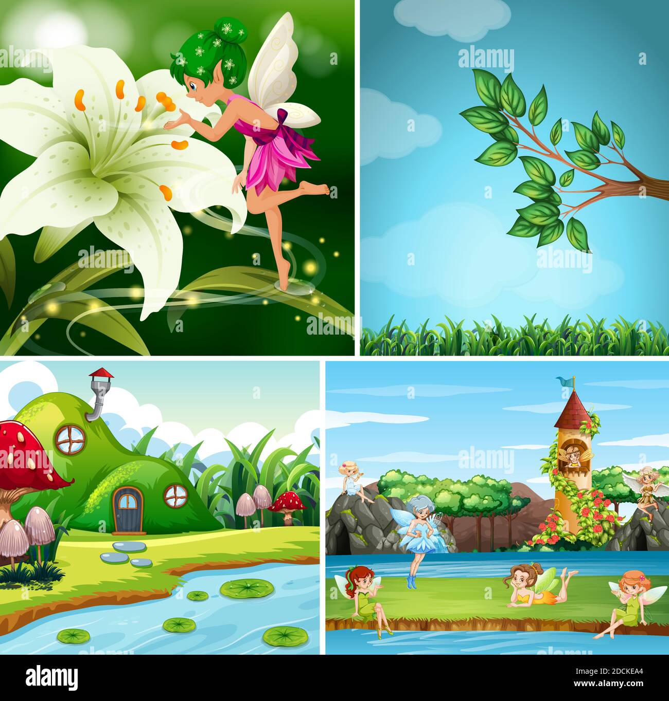 Four different scene of fantasy world with fairies in fairy tale ...
