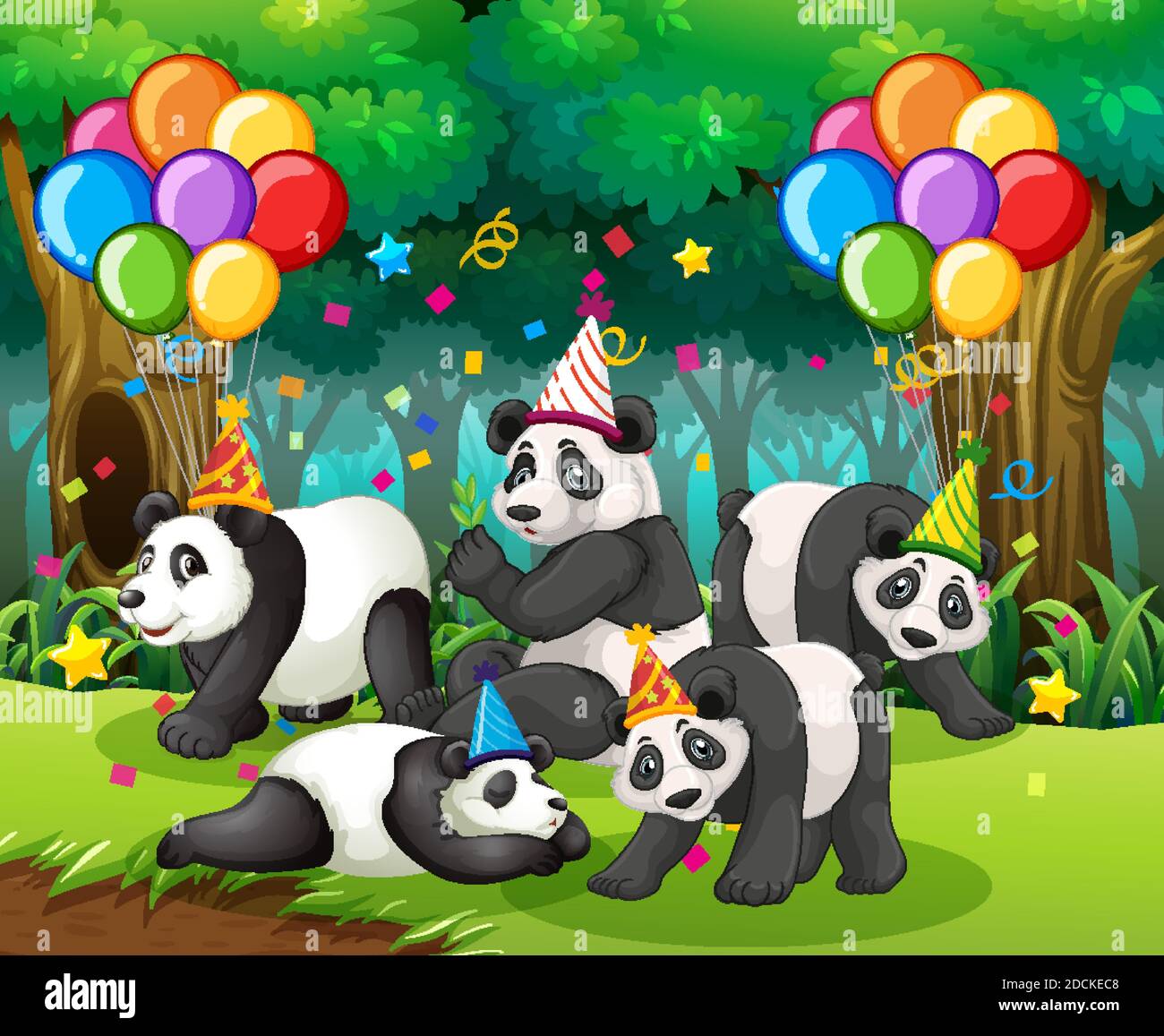 Panda group in party theme cartoon character on forest background ...