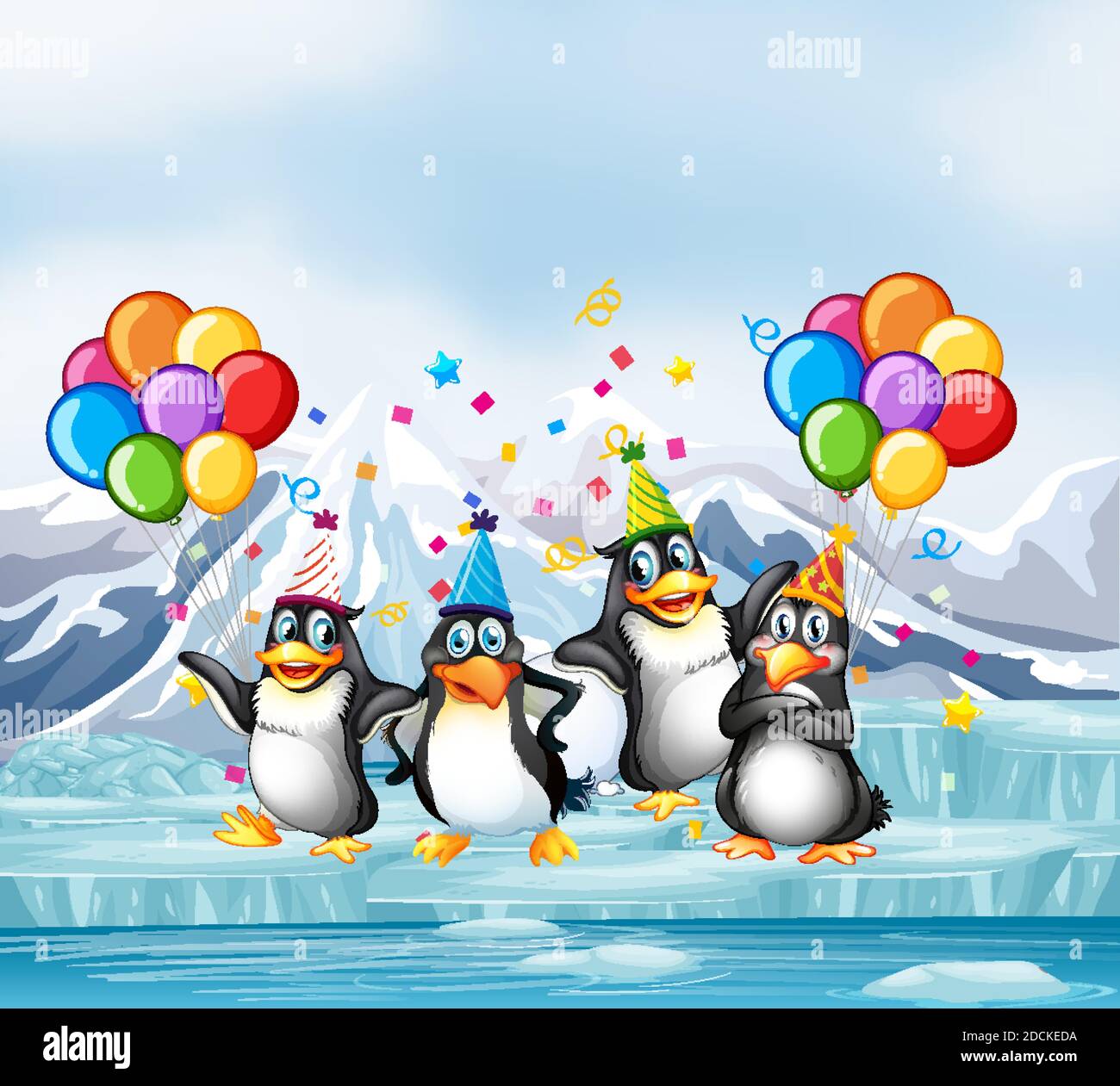 Penguins group in party theme cartoon character on forest background ...
