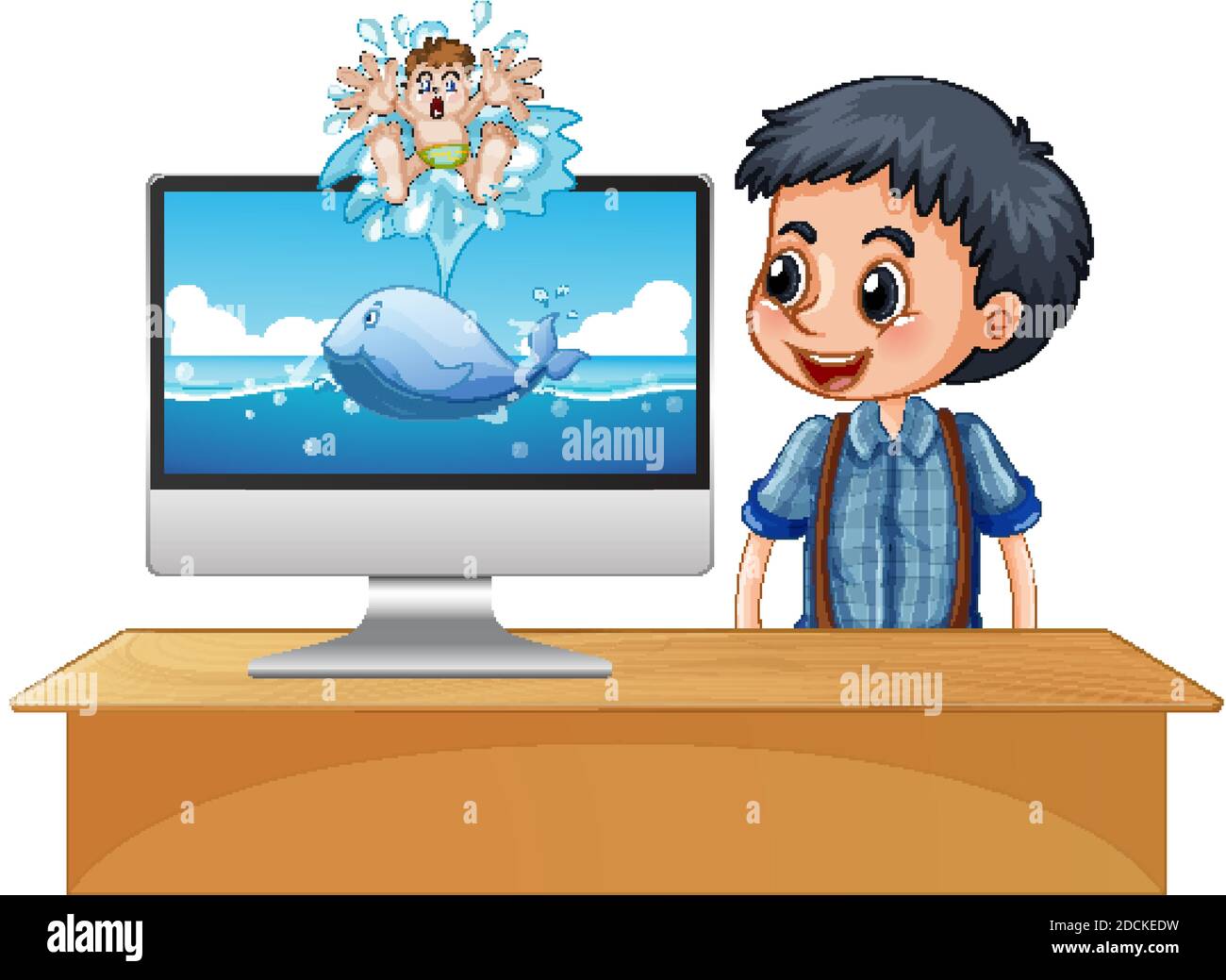 Happy boy next to computer screen with ocean scene illustration Stock ...