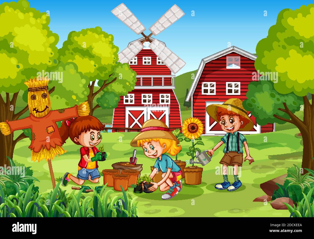 Kids planting at rural outdoor area illustration Stock Vector Image ...