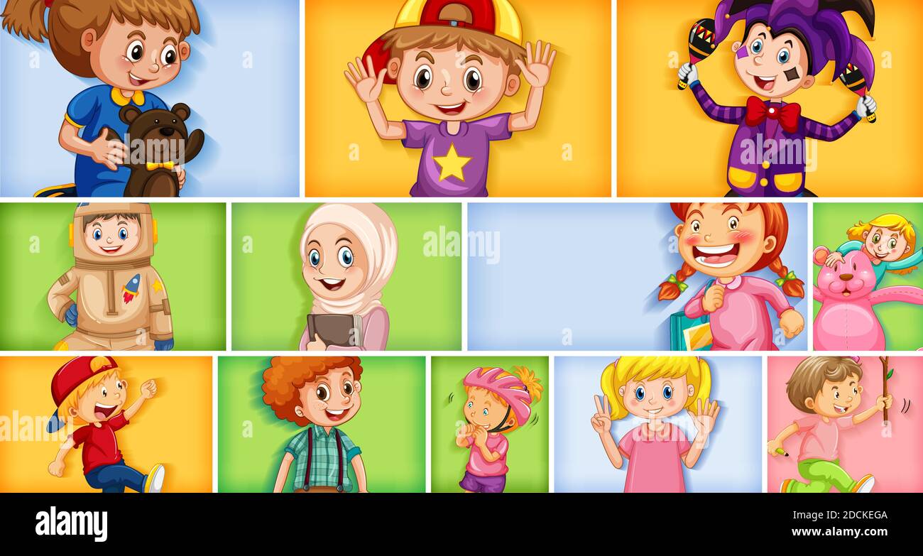 Set of different kid characters on different color background ...