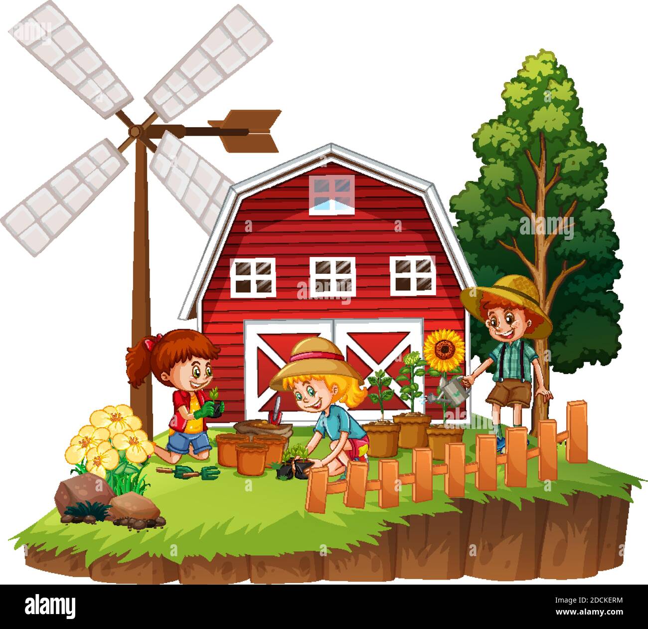 Children planting flower with red barn in farm theme illustration Stock ...