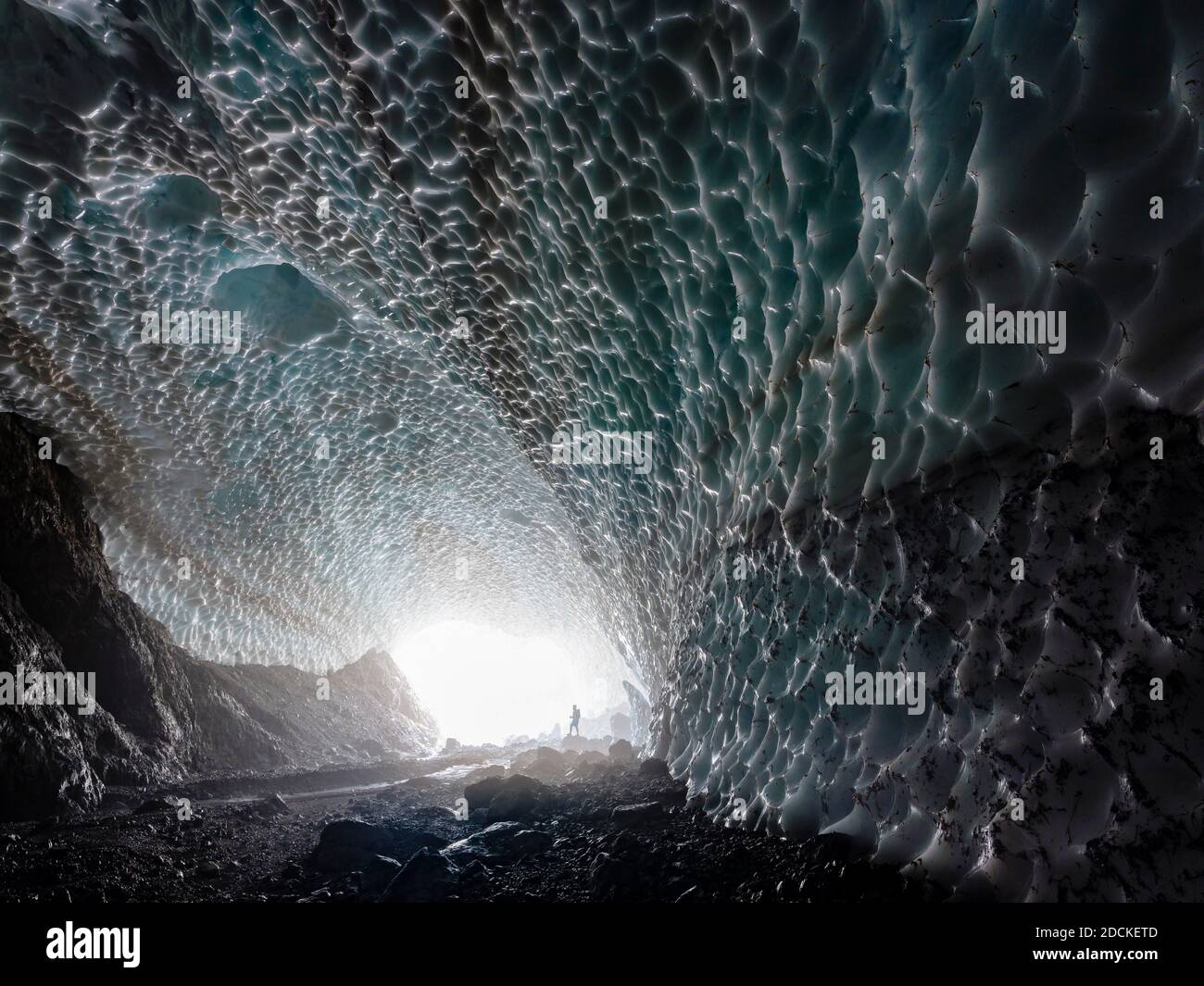Mountaineer in the ice chapel, ice field at the foot of the Watzmann ...