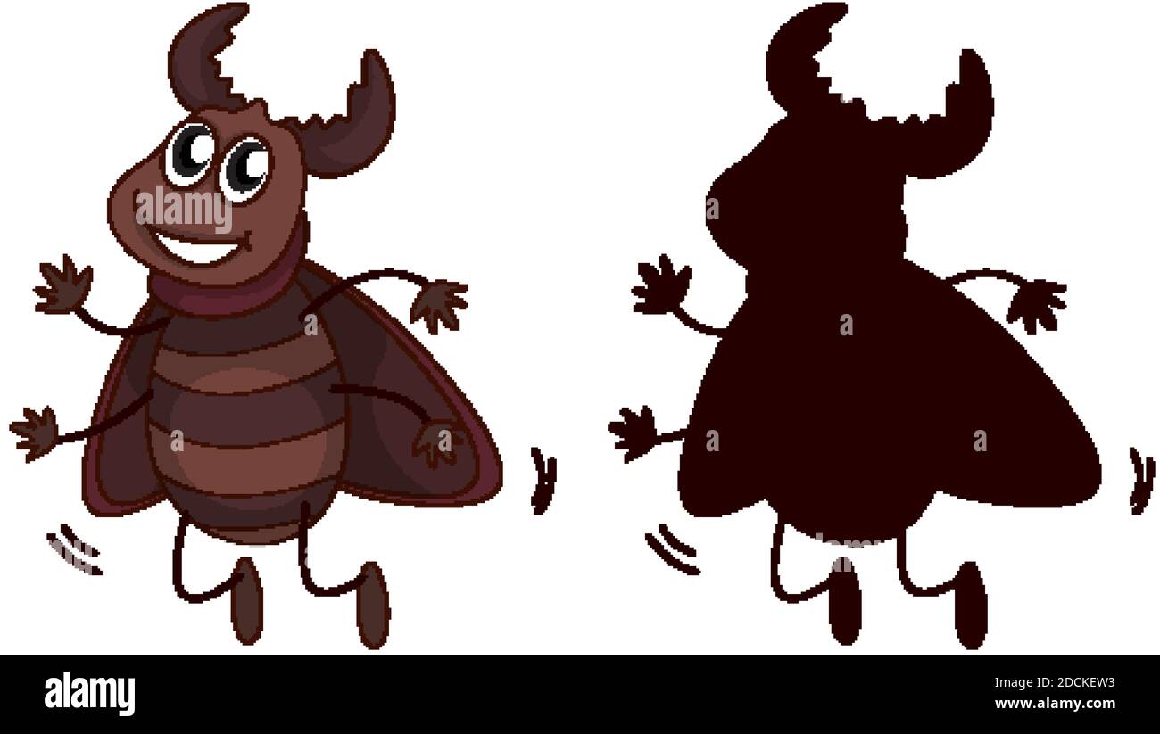 Set of insect cartoon character and its silhouette on white background ...