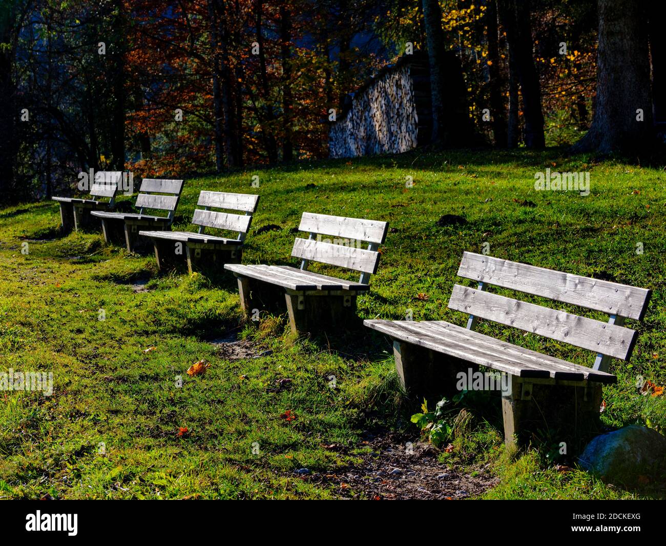 Empty park benches, Ramsau, Berchtesgadener Land, Upper Bavaria ...