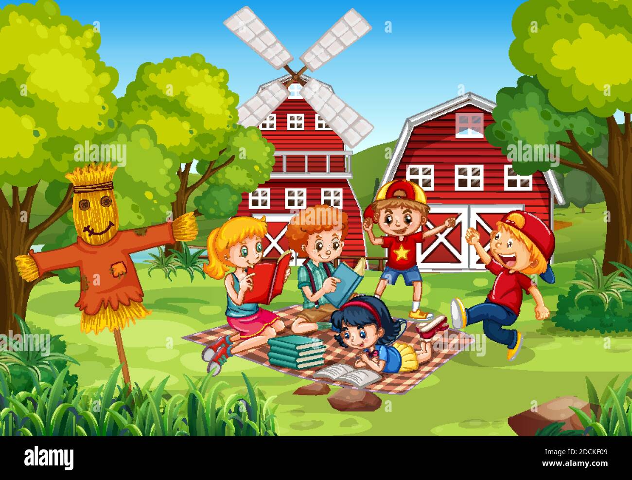 Kids reading books at the yard illustration Stock Vector Image & Art ...