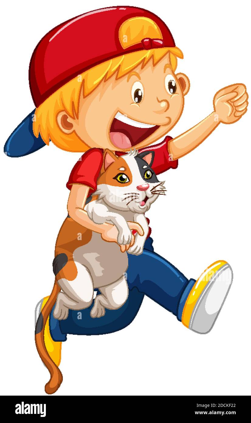 Happy boy with his cat isolated illustration Stock Vector Image & Art ...