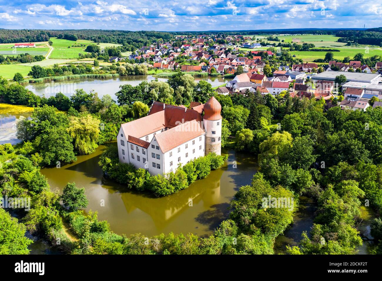 Aerial view, moated castle Neuhaus, municipality of Adelsdorf, Bavaria ...