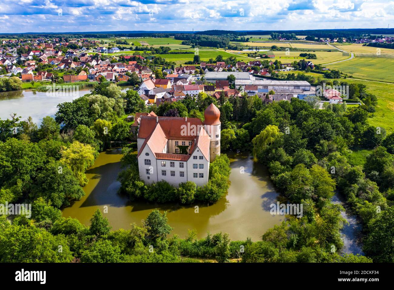 Aerial view, moated castle Neuhaus, municipality of Adelsdorf, Bavaria ...