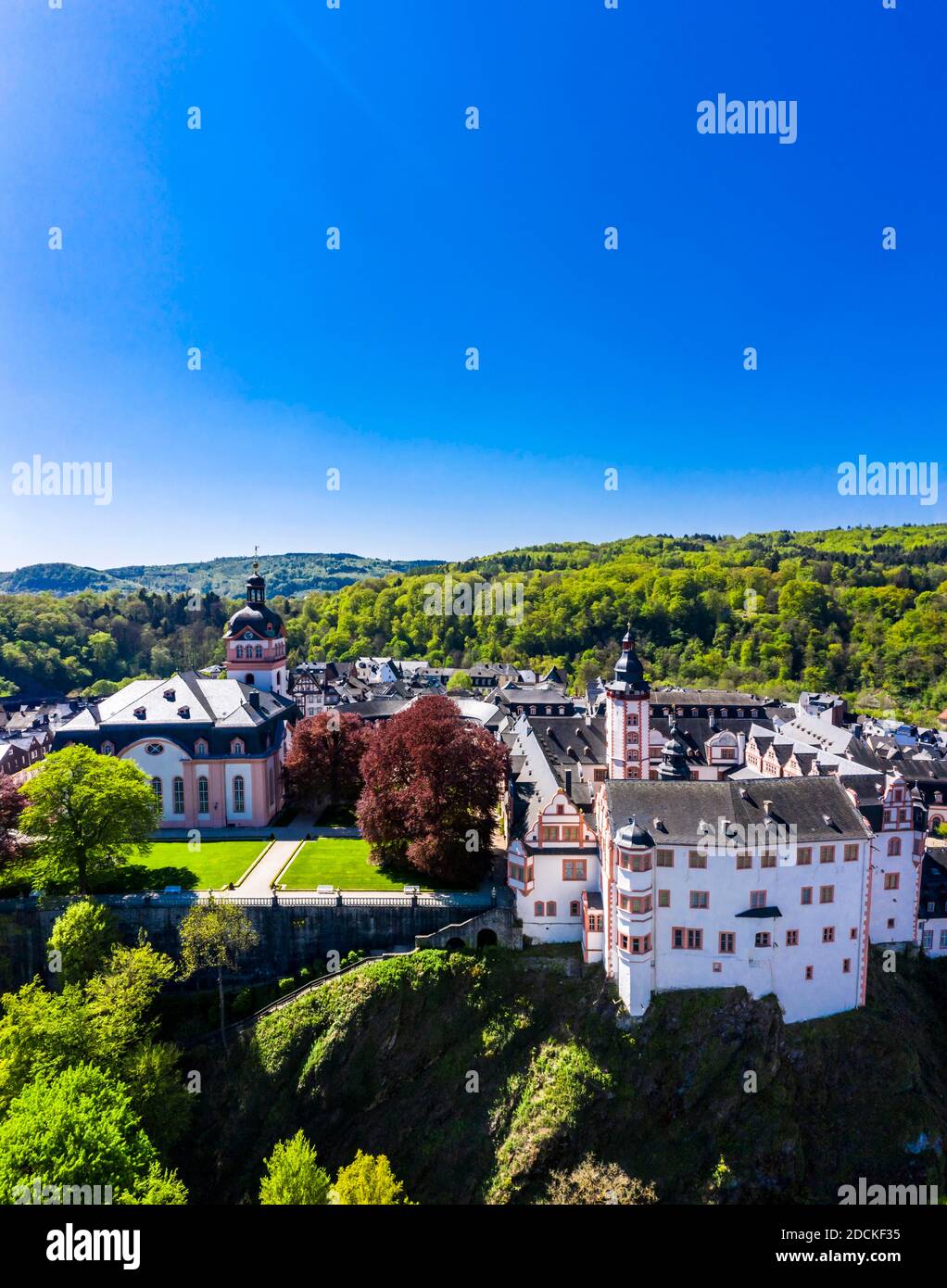 Aerial view, Weilburg Castle with baroque castle complex, Old Town Hall ...