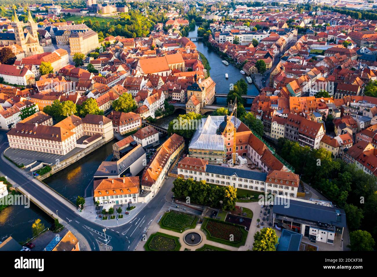 Aerial view, Old town hall at the Regnitz Bamberg, Upper Franconia ...