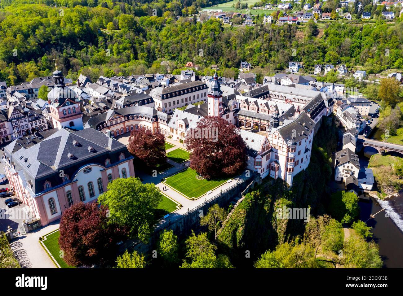 Aerial view, Weilburg Castle with baroque castle complex, Old Town Hall ...