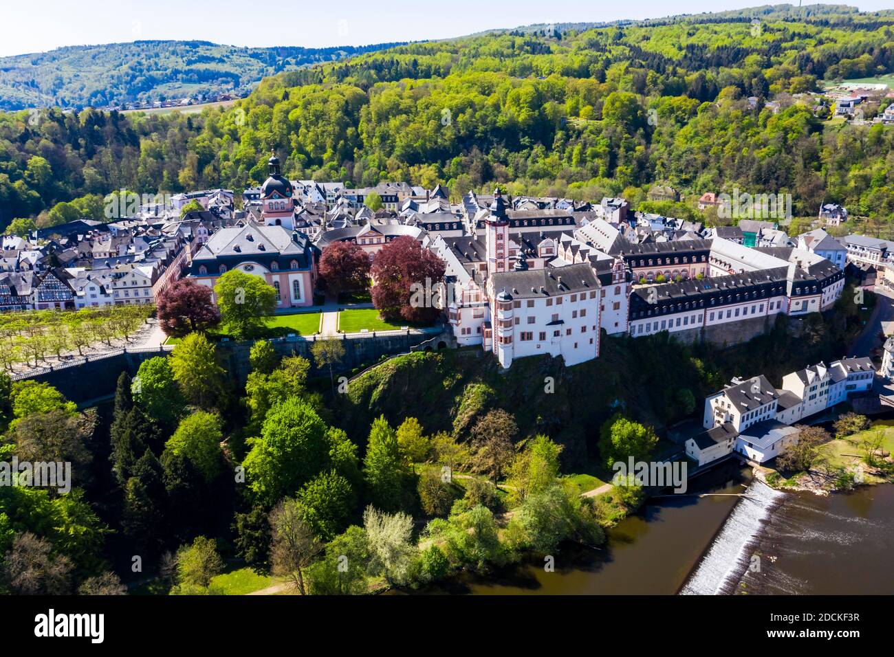 Aerial view, Weilburg Castle with baroque castle complex, Old Town Hall ...