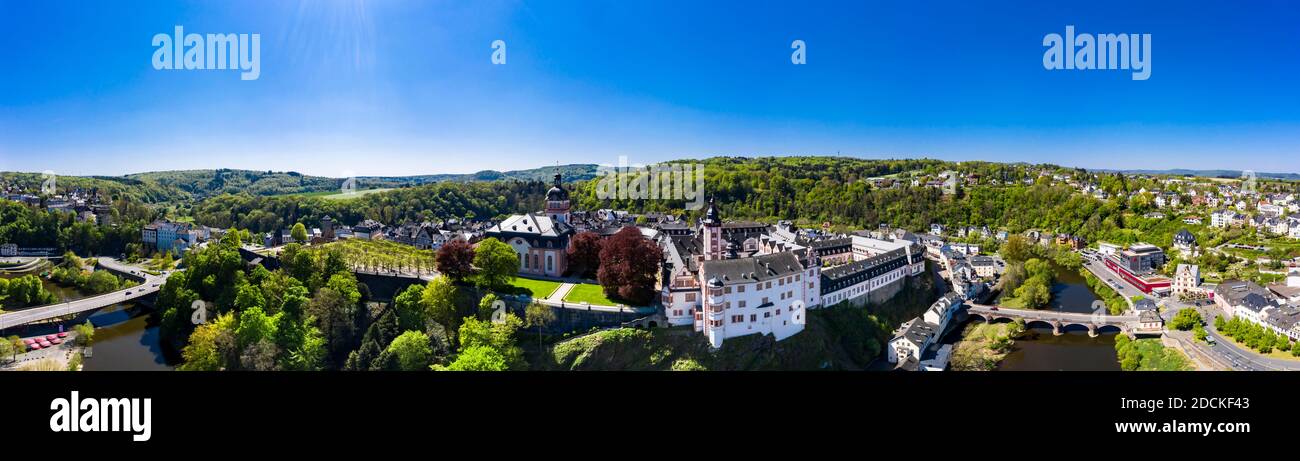 Aerial view, Weilburg Castle with baroque castle complex, Old Town Hall ...