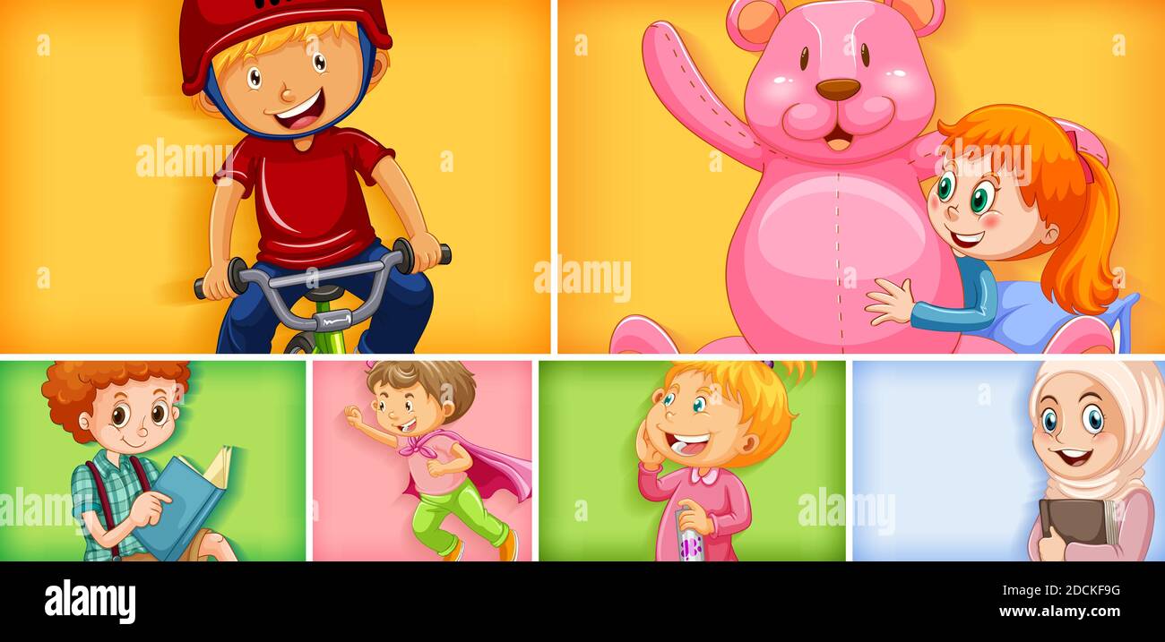 Set of different kid characters on different color background ...