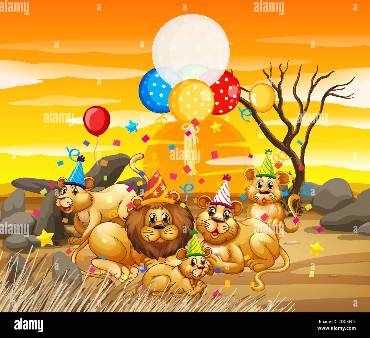 Lion group family in party theme cartoon character on forest background ...