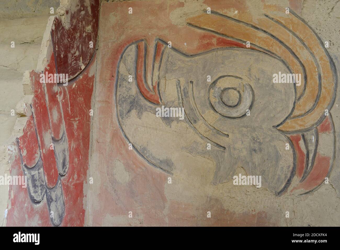 Fresco of a mythical creature, ruins of Cerro Sechin, Casma, Ancash ...
