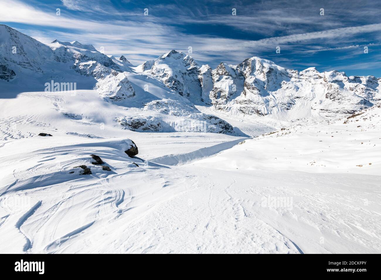 Winter mountain panorama on the Diavolezza, view of the Bernina Group ...