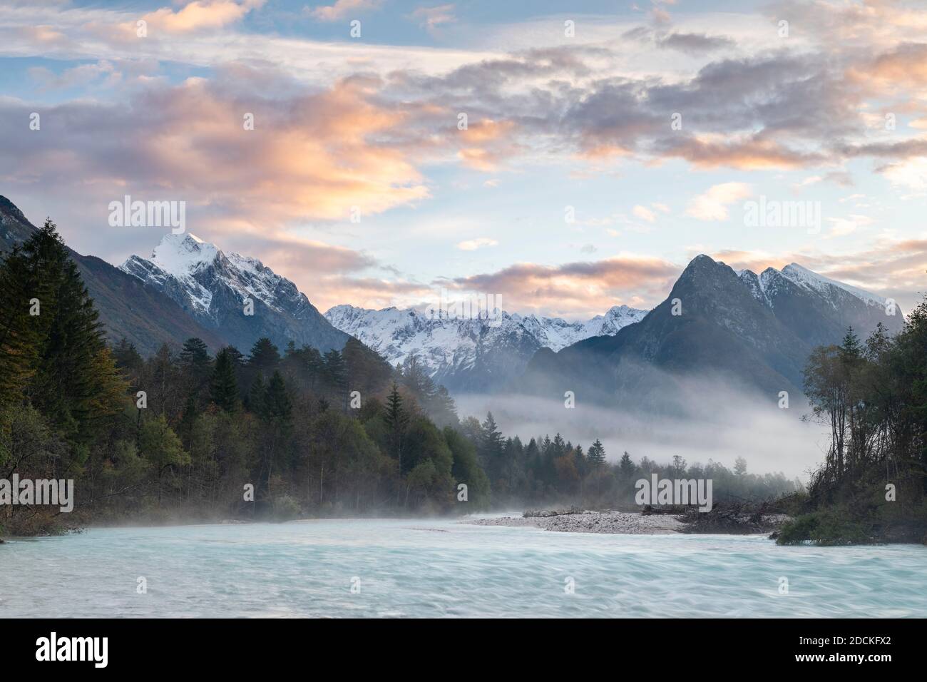River Soca with Svinjak Mountain in the morning, Soca Valley, Kanin ...