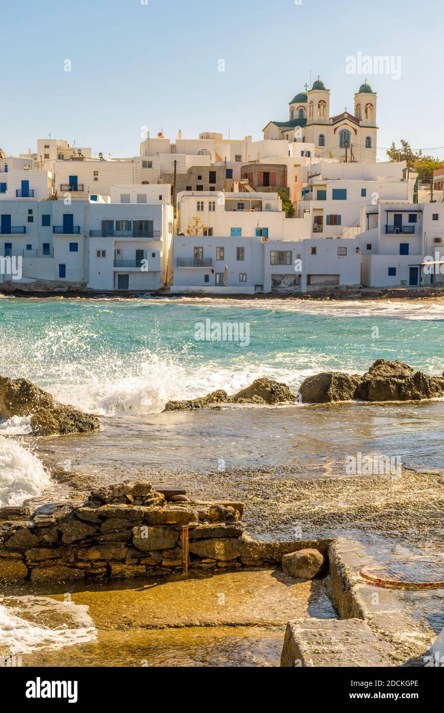 View of the traditional harbor of Naousa in Paros island, Greece ,with ...