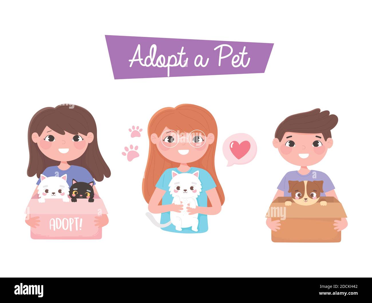 adopt a pet, happy boy and girls with dog and cat cartoon vector ...