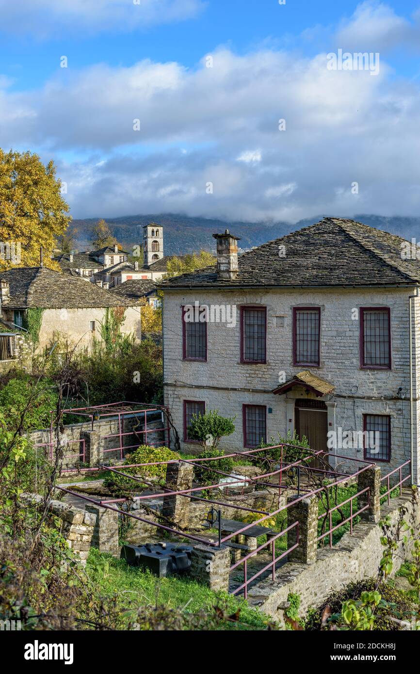 The picturesque village of Dilofo during fall season with its ...