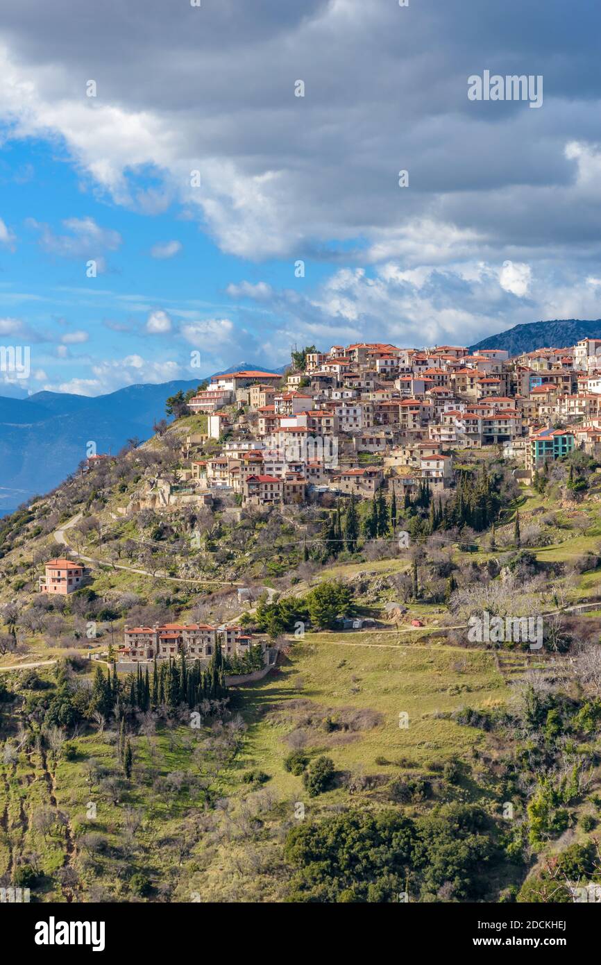Scenic view of the famous winter resort of Arachova on mountain ...
