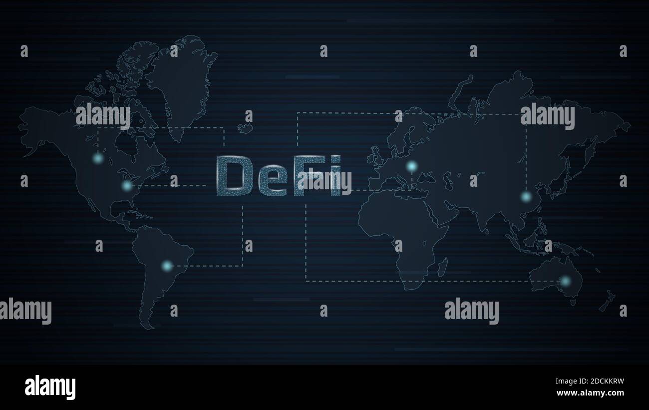 DeFi decentralized finance on world map with dots. An ecosystem of ...