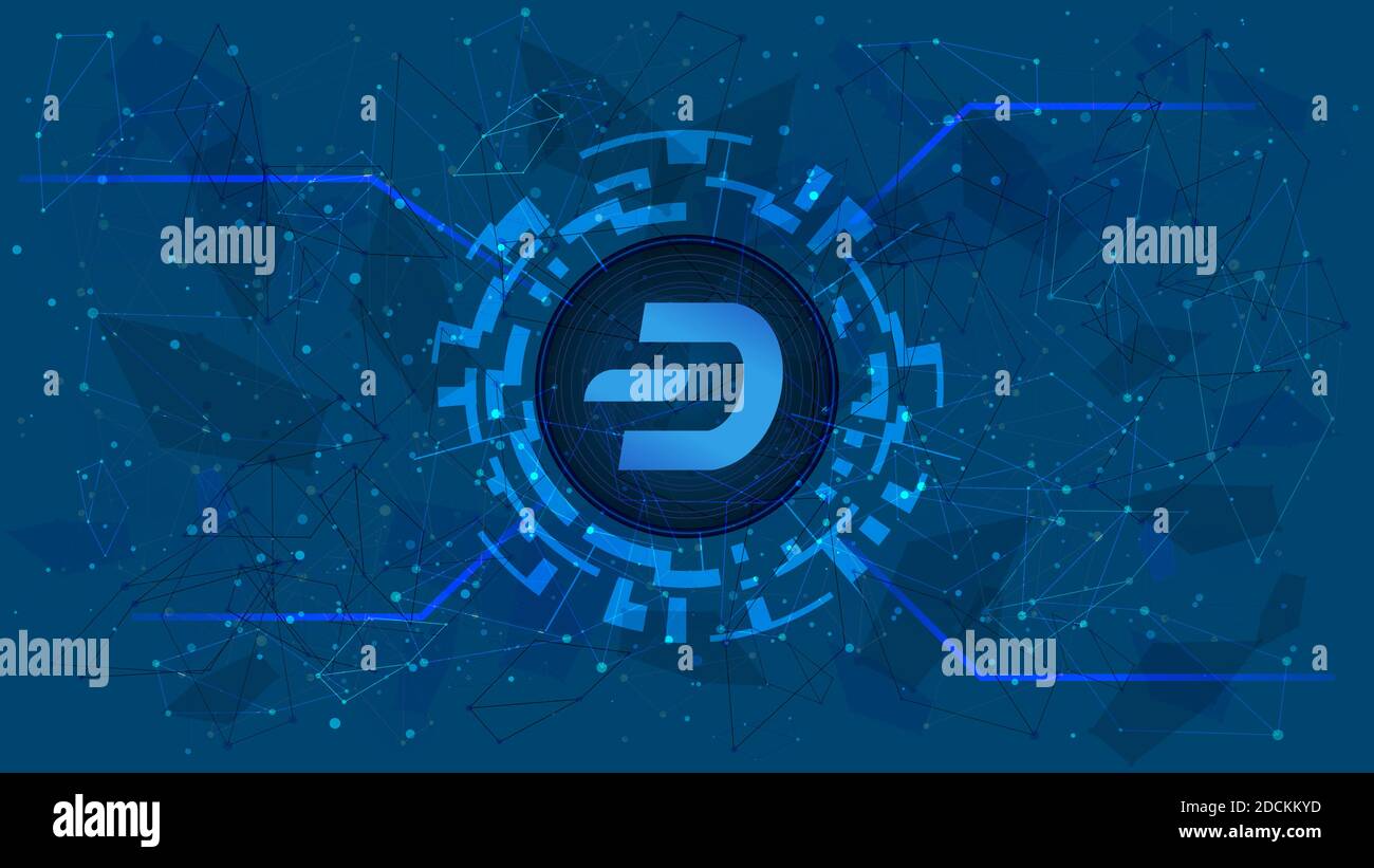 Dash token symbol in a digital circle on polygonal blue background ...