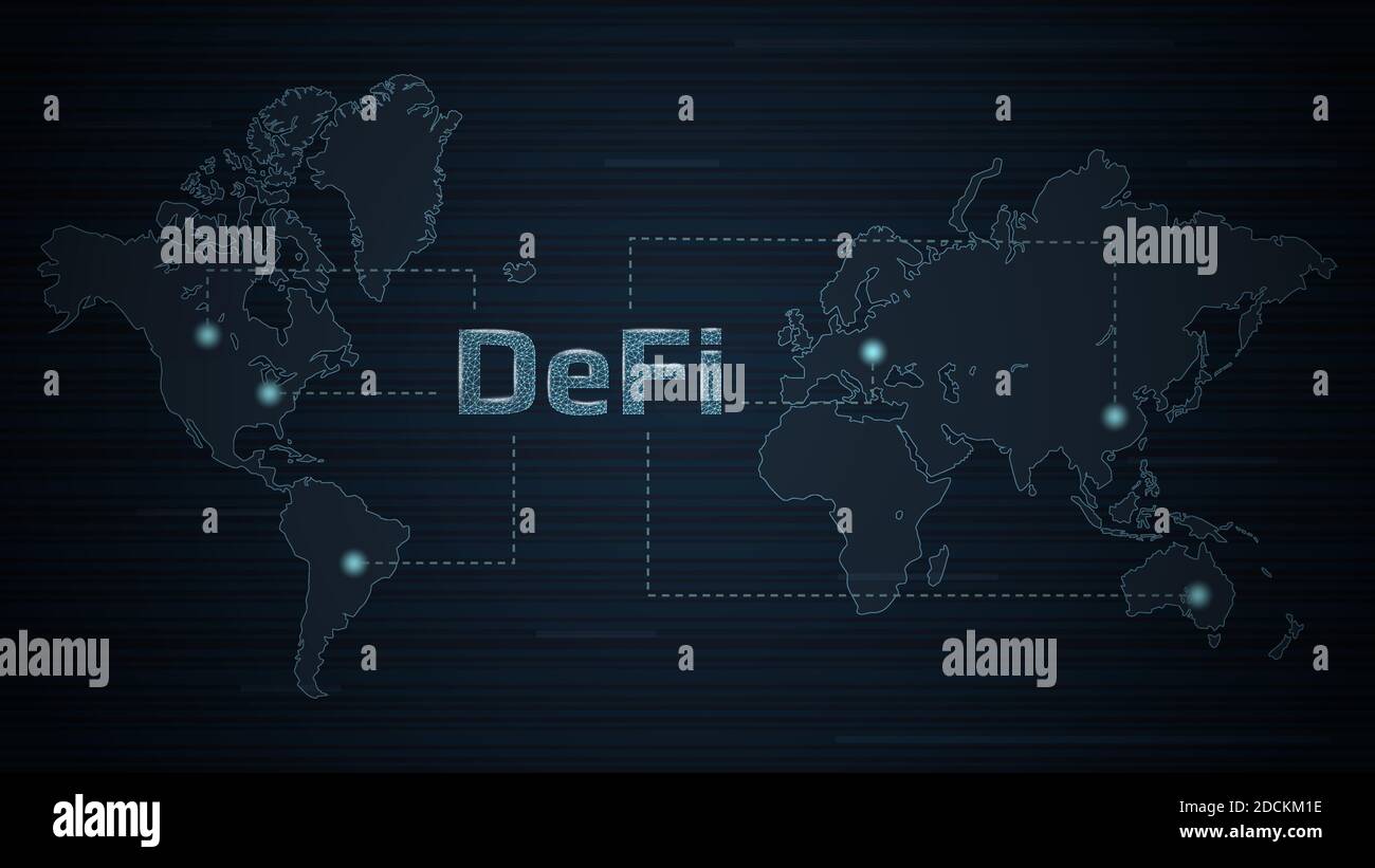 DeFi decentralized finance on world map with dots. An ecosystem of ...