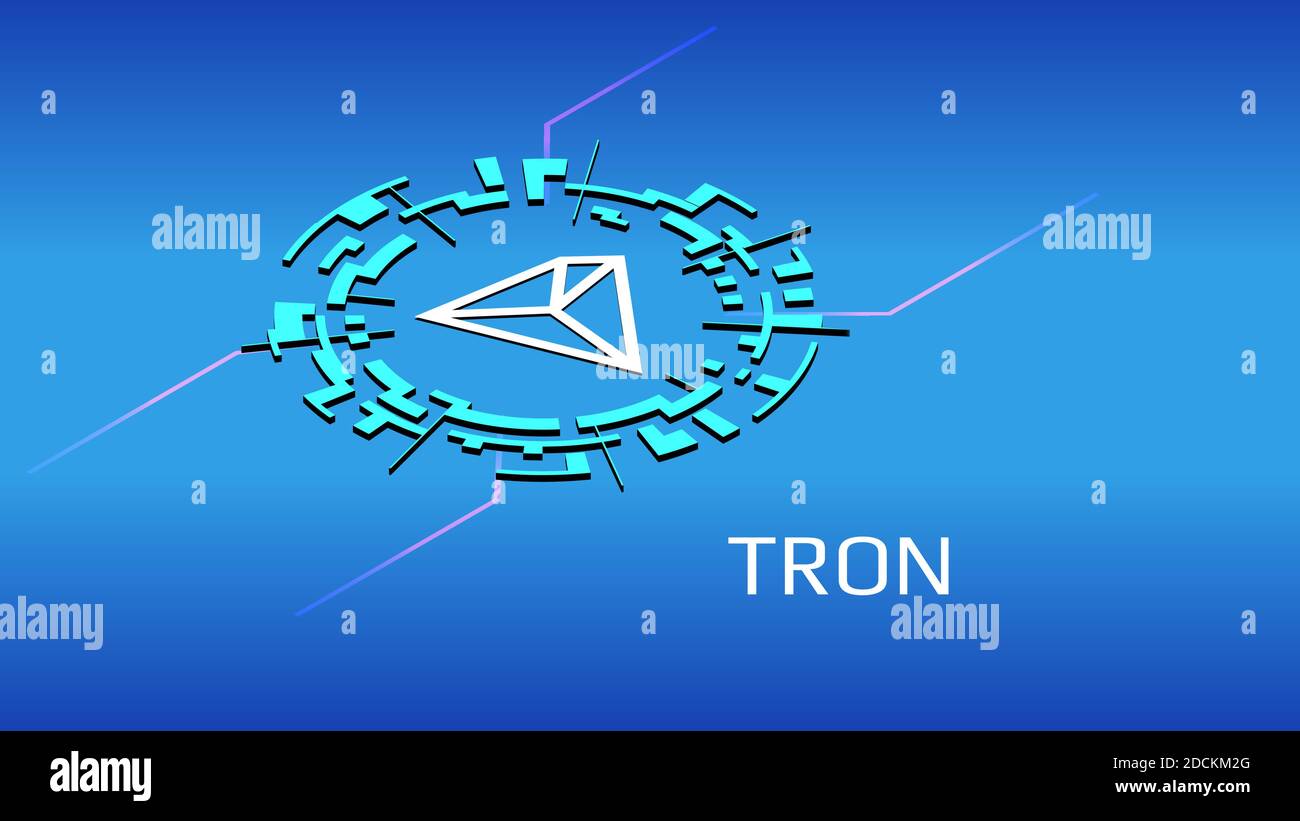 Tron TRX isometric token symbol in digital circle on blue background ...