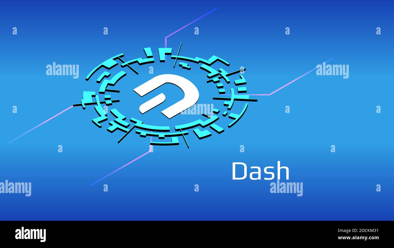 Dash isometric token symbol in digital circle on blue background ...