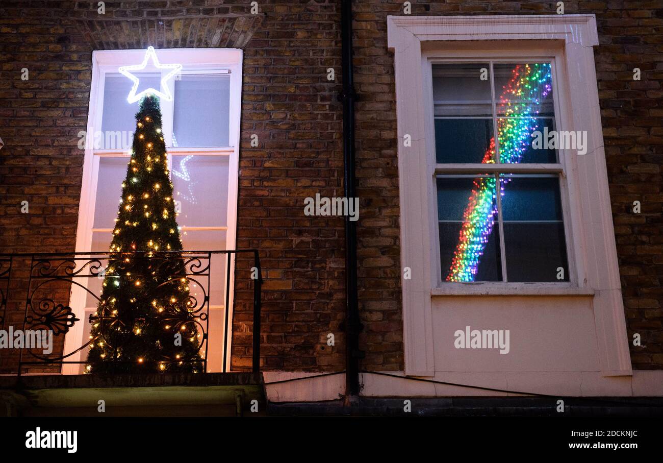 EDITORIAL USE ONLY A display of rainbow coloured Christmas lights ...