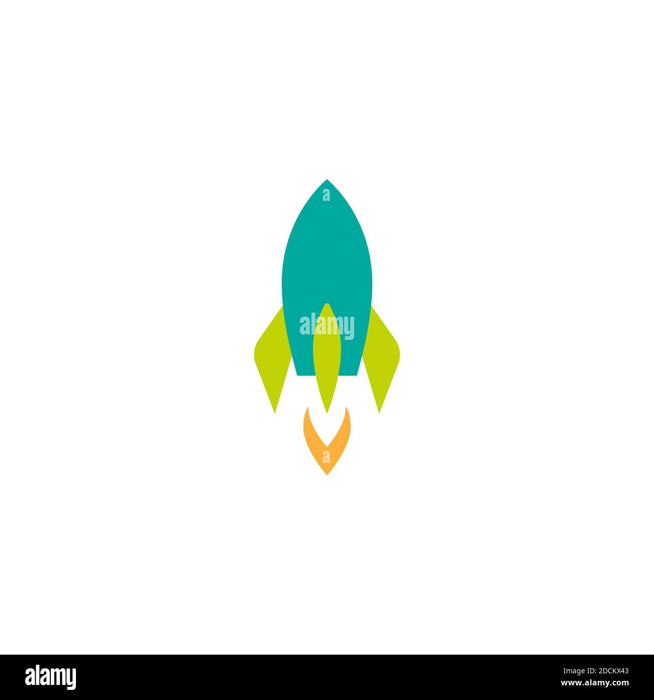 blue and green rocket ship with fire. Isolated on white. Flat icon ...