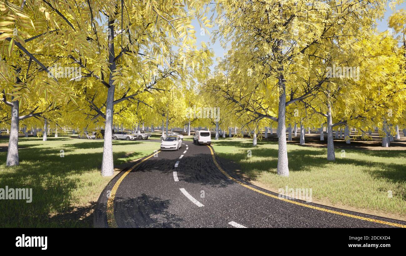 Autumn car traffic landscape on yellow backdrop Travel concept Fall ...