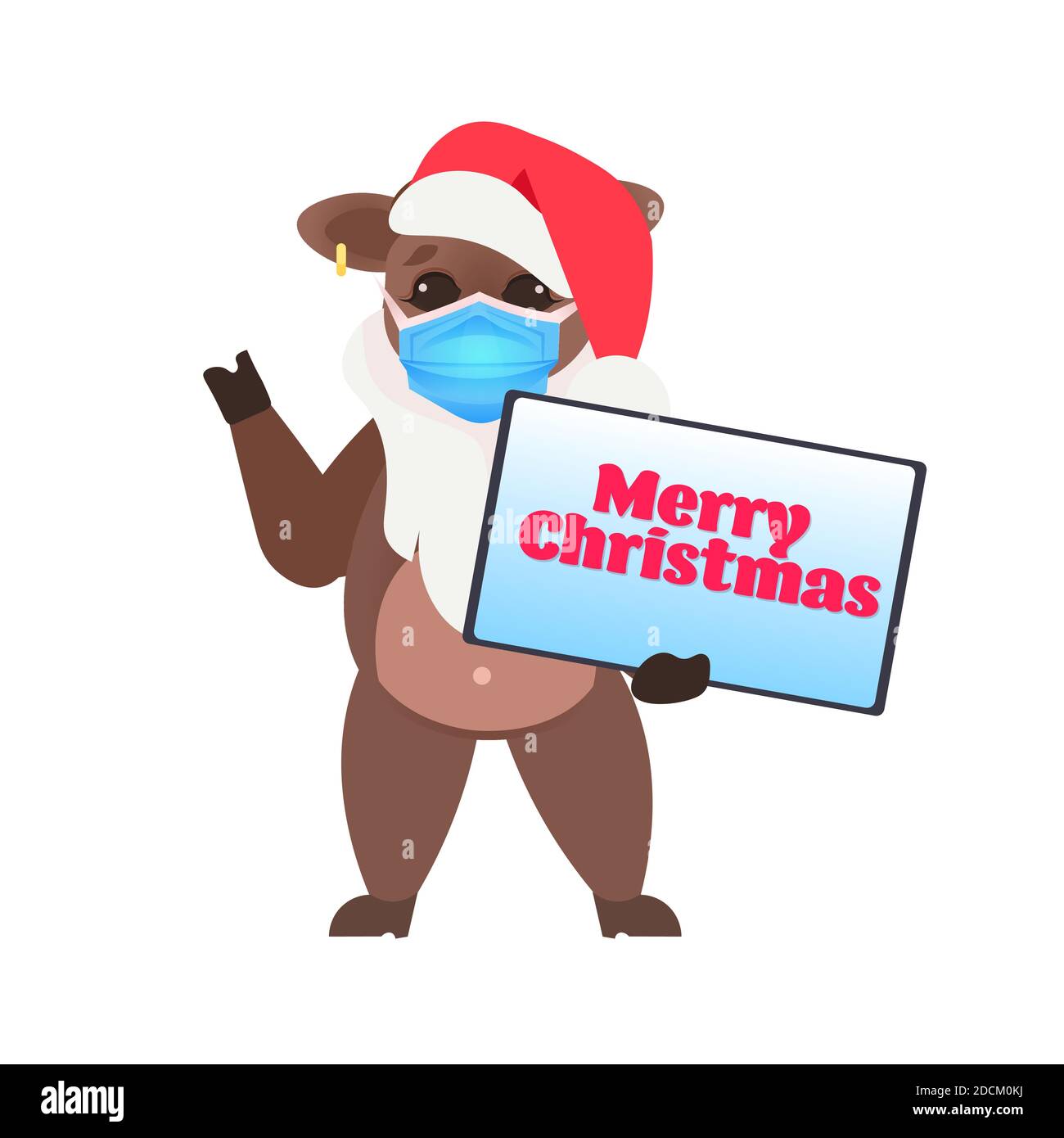 ox in santa hat holding merry christmas banner cute cow wearing mask to ...