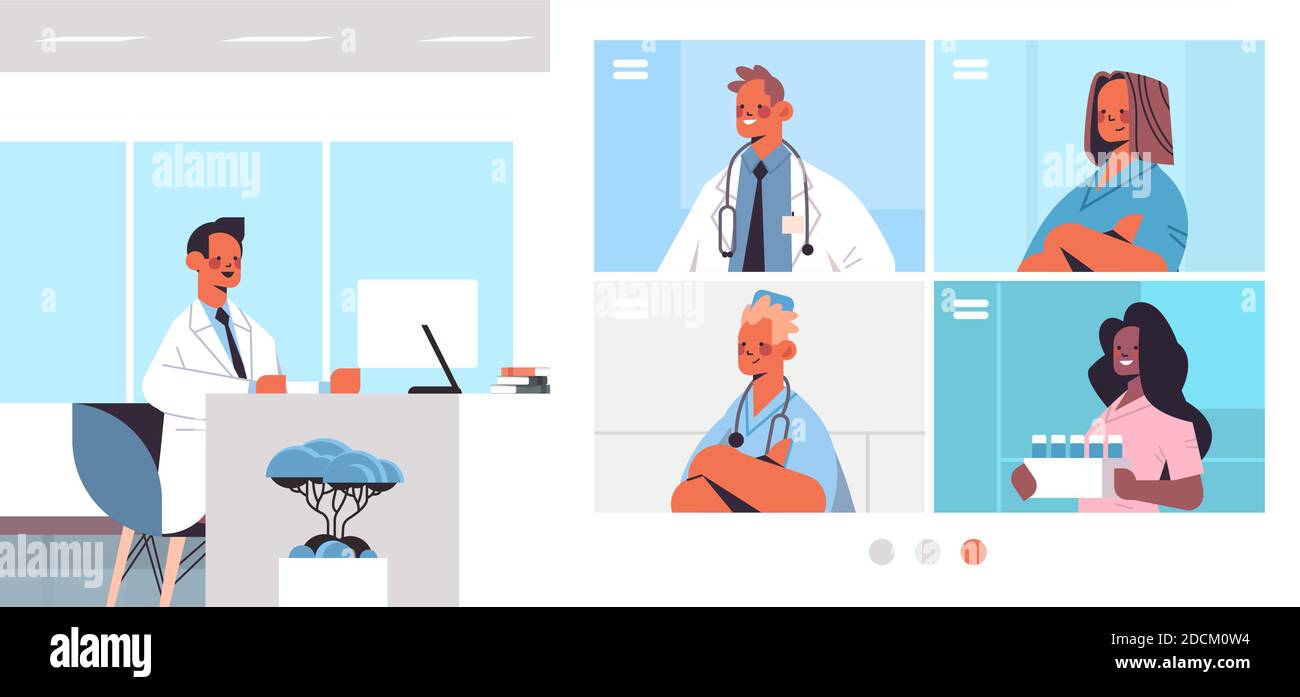 male doctor having video conference with mix race medical professionals ...