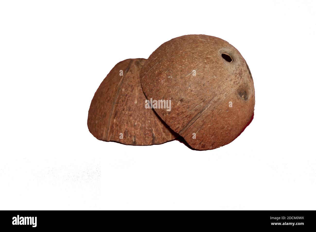 selective focus of the shell of the coconut fruit cut in half isolated ...