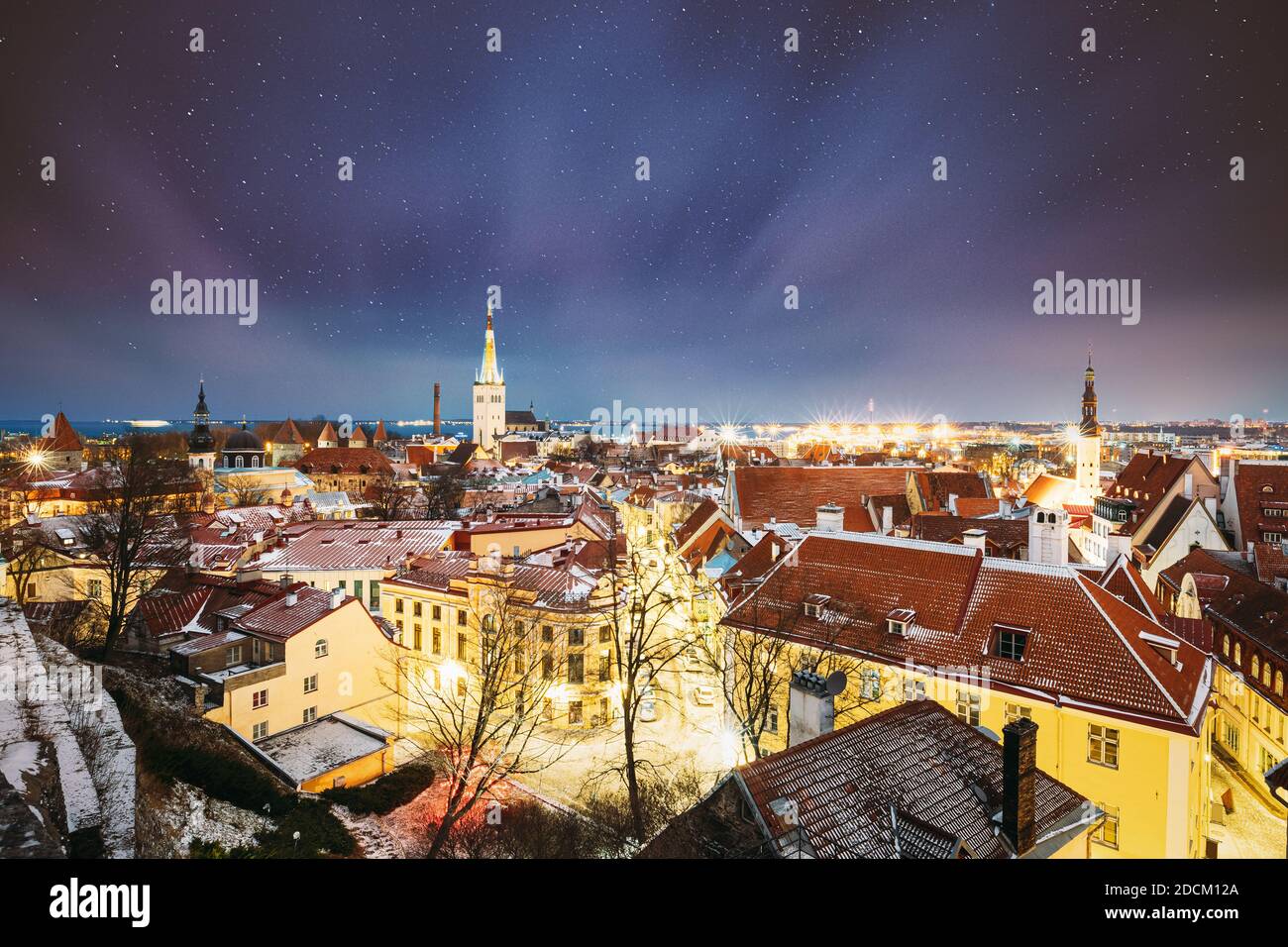 Tallinn, Estonia. Night Starry Sky Above Traditional Old Architecture ...