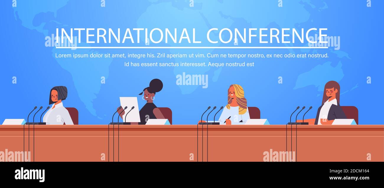 mix race businesspeople giving speech at tribune with microphone on ...