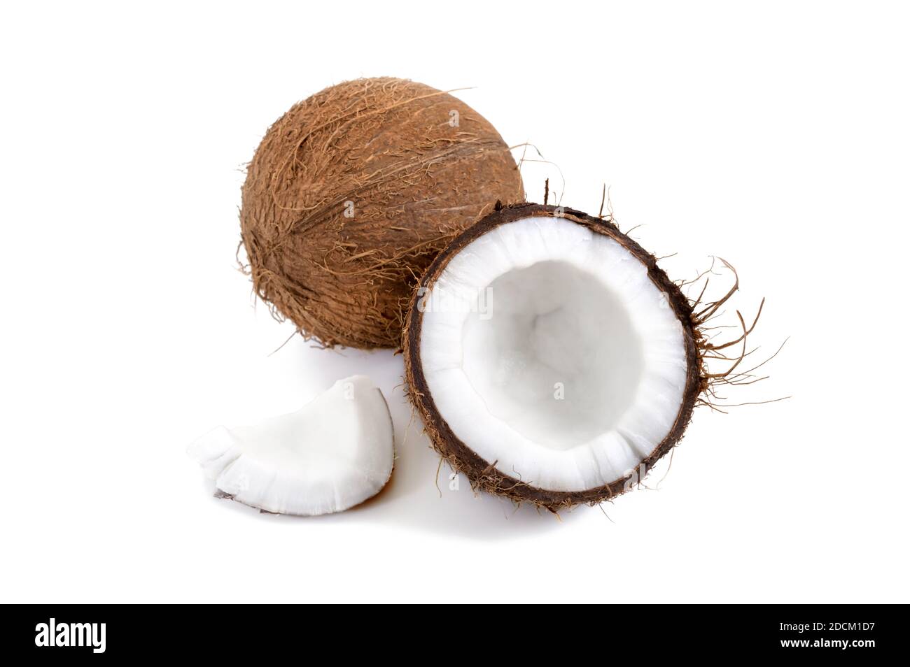 Coconut on a white background, isolated. Whole coconut, halves, shells ...