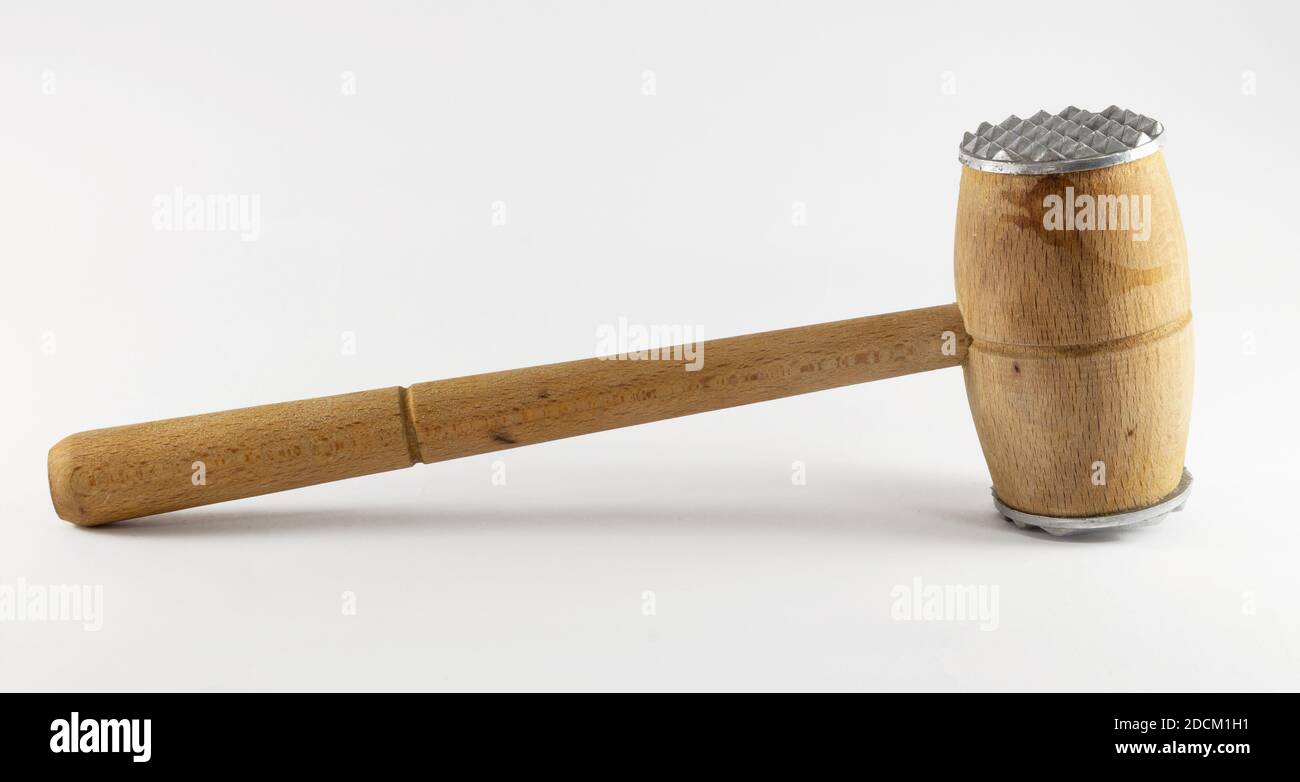 Old rustic wooden meat mallet hammer, isolated on white background ...