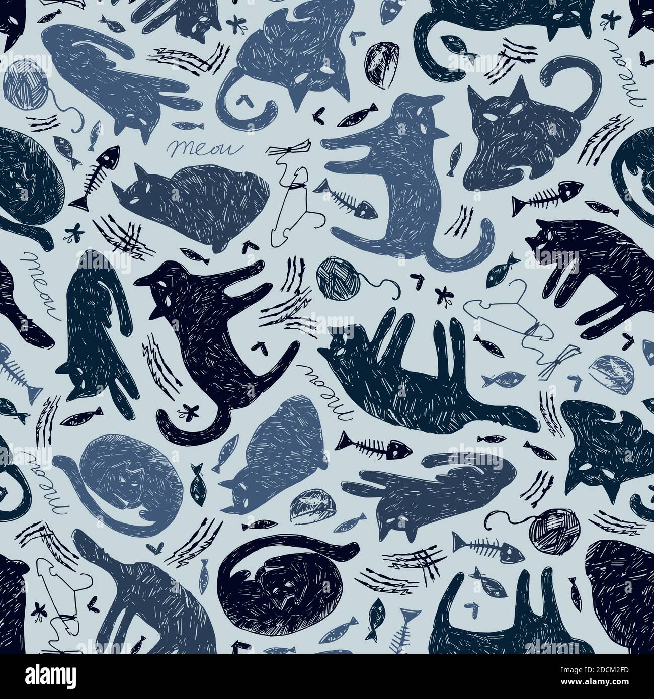 Vector light blue monochrome mystery cat pen sketch seamless pattern ...