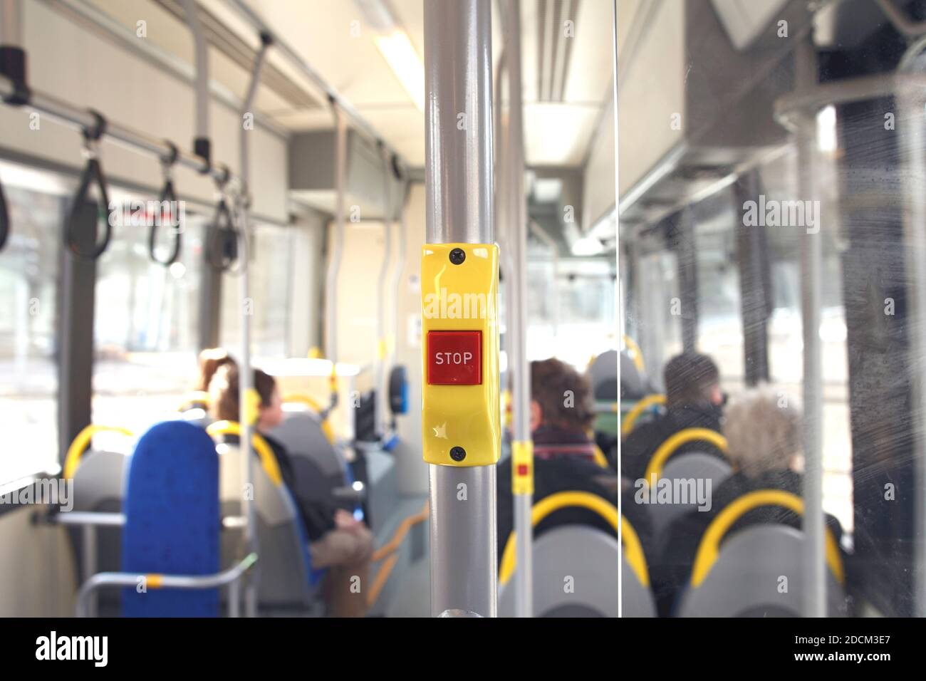 red stop button on public transport tram Stock Photo - Alamy