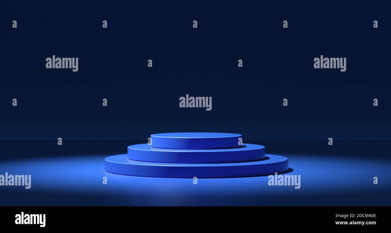 Closeup view of blank round blue platform for product advertising. 3D ...